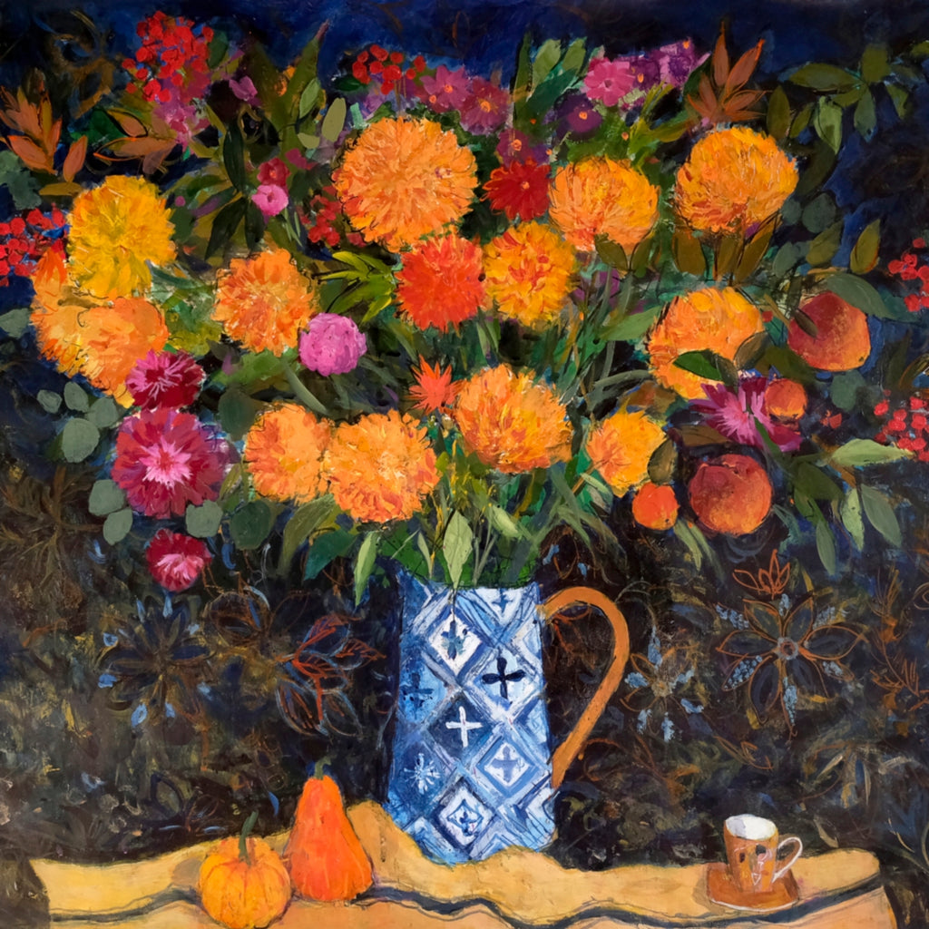 ORANGE CHRYSANTHEMUMS ON A TAPESTRY CLOTH - Ann Orem Square Art Prints ...
